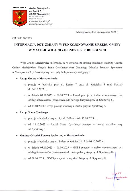 INFORMACJA DOT ZMIANY W FUNKCJONOWANIU URZĘDU GMINY W MACIEJOWICACH I