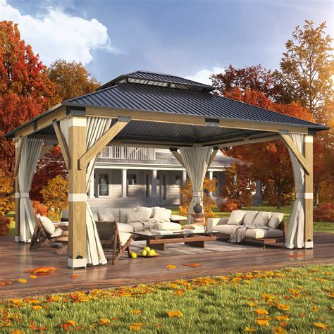 Gartooo 13x15 Wooden Gazebo With Metal Top Privacy Curtains Netting