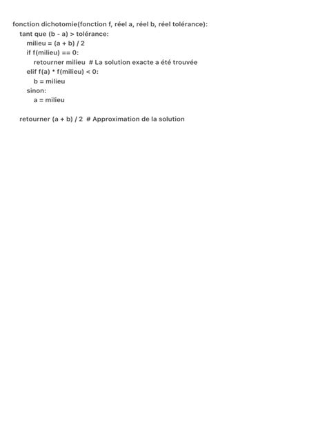 Fonction Dichotomie Fonction F Réel A Réel B Réel Tolérance Pdf