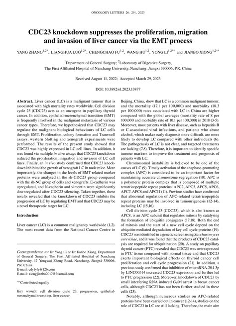 Pdf Cdc23 Knockdown Suppresses The Proliferation Migration And