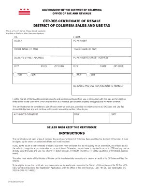 Fillable Online Otr Cfo Dc OTR 368 Certificate Of Resale The District
