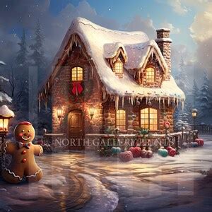 Christmas Wall Art Cottage House With Gingerbread Man Christmas Decor Art Vintage Home Decor