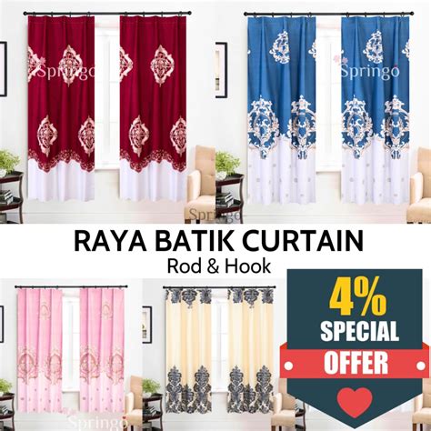 Sg Langsir Semi Blackout Floral Batik Design Hook Rod Cangkuk Dawai