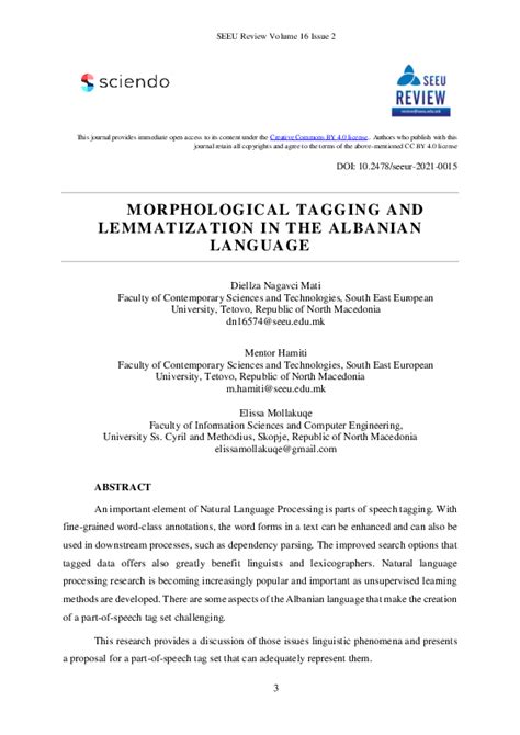 Pdf Morphological Tagging And Lemmatization In The Albanian Language