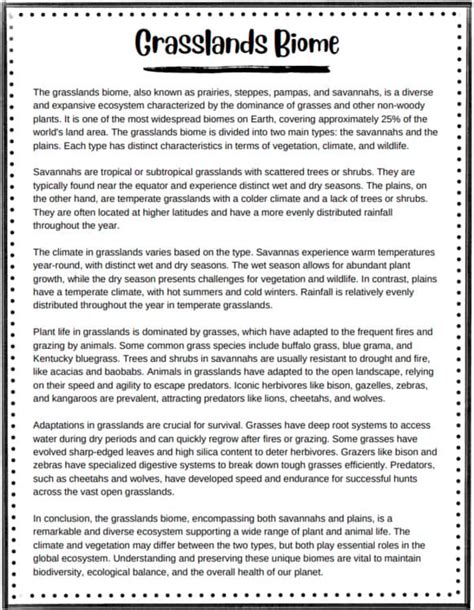 Grasslands Biome Reading Passage Worksheet Comprehension And Writing