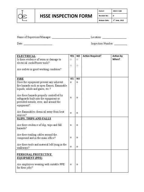 Hsse Inspection Form Del Pdf Personal Protective Equipment Fires