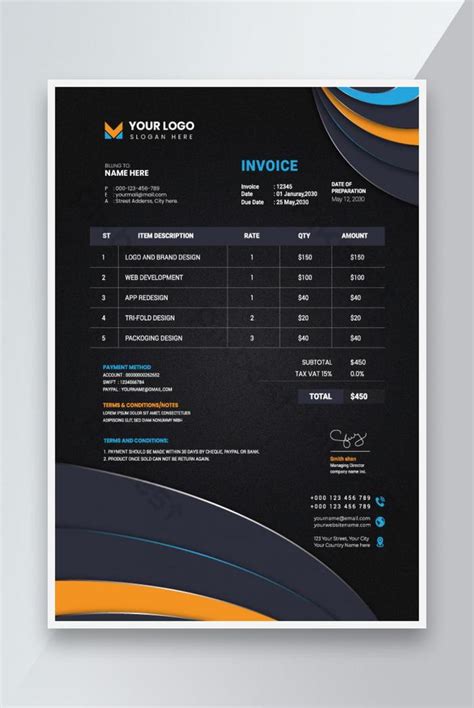 Professional Creative Dark Business Invoice Template Premium Vector