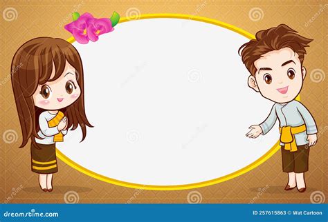Thai Couple Cartoon Character In Traditional Costume Presenter Sawasdee
