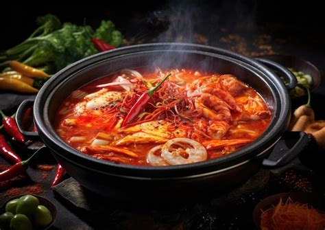 Premium Ai Image A Korean Hot Pot With A Bubbling Spicy Broth
