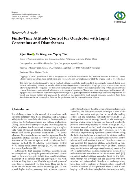 pdf finite time attitude control for quadrotor with input constraints
