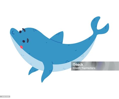 귀여운 수영 돌고래 재미 있고 친근한 돌고래 캐릭터 만화 벡터 그림 개체 그룹에 대한 스톡 벡터 아트 및 기타 이미지 개체
