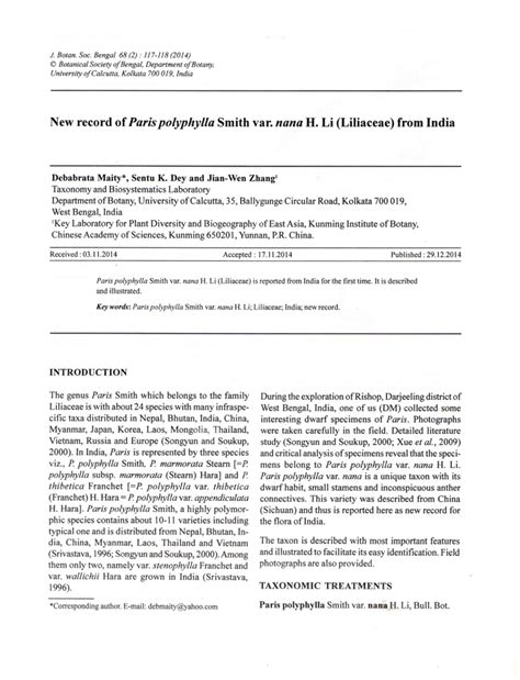 Pdf New Record Of Paris Polyphylla Smith Var Nana H Li Liliaceae From India