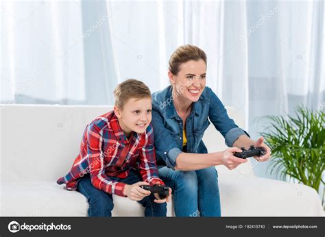 Excited Mother Son Playing Video Games Gamepads Together Couch — Stock