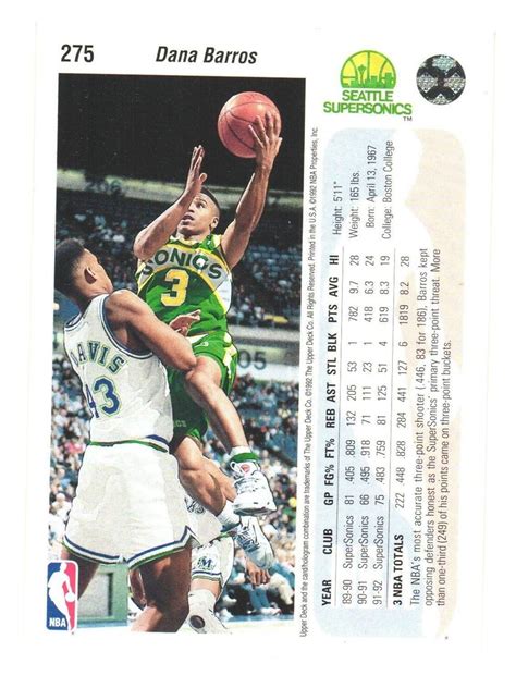 1992 93 Upper Deck Nba Basketball Seattle Supersonics Dana Barros Ebay