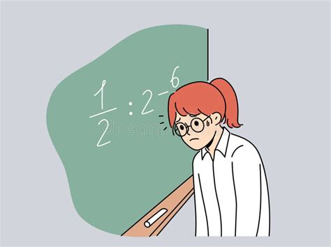 Schoolgirl Standing Near Chalkboard Gets Upset Because Doesnt Know Solution Of Mathematical