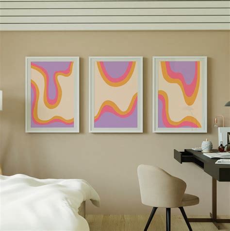 Set Of 3 70s Retro Lilac Wave Colour Gradient Decor Wall Etsy