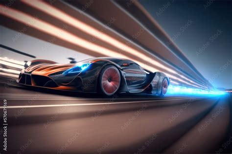 Speeding Fast Sports Car Drives On Highway Road With Motion Blur