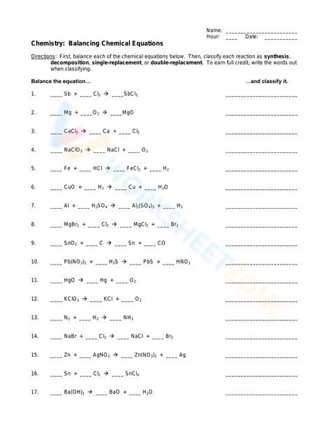 Balanced Chemical Equation Worksheet Balancing Chemical Equations
