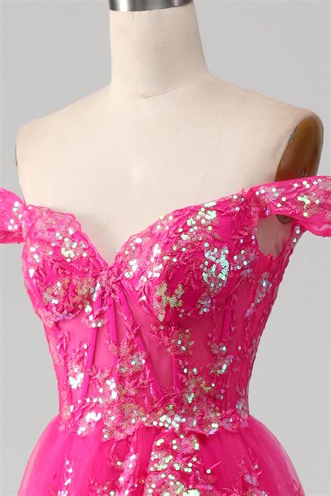 Zapaka Women Fuchsia Corset Prom Dress With Sequins Tiered Off The
