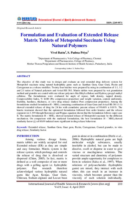 Pdf Formulation And Evaluation Of Extended Release Matrix Tablets Of