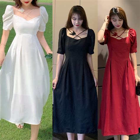 Jual ADA SIZE JUMBO D MILA KOREAN STYLE VINTAGE MIDI DRESS PANTAI PUTIH POLOS MUSIM PANAS