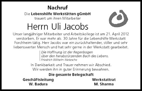 Uli Jacobs Traueranzeige Franken De