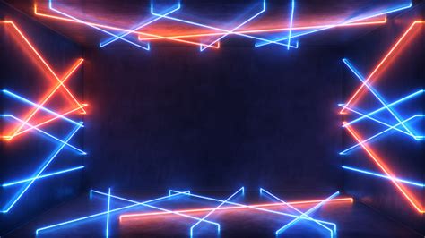 네온 빛추상 파란색과 빨간색 인테리어 형광 미래 지향적 인 건축 배경 내부 공간을 조명 네온 램프의 3d 그림 디자인 프로젝트를 위한 모형 0명에 대한 스톡 사진 및 기타