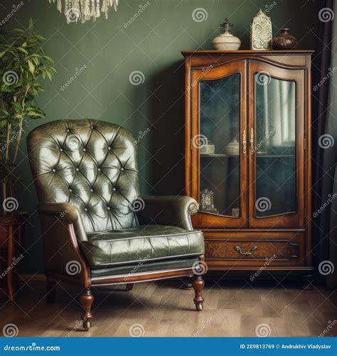 Old Antique Chair Near Green Wood Retro Armoire With Glass Doors