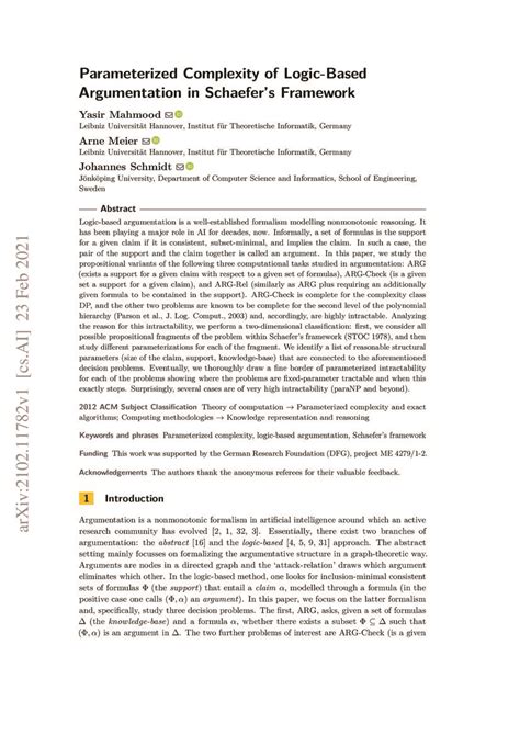 Parameterized Complexity Of Logic Based Argumentation In Schaefers