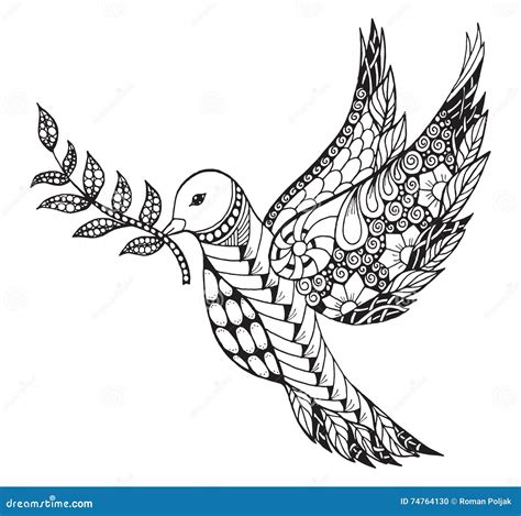 Zentangle Stylized Peace Dove With Olive Branch For International Peace