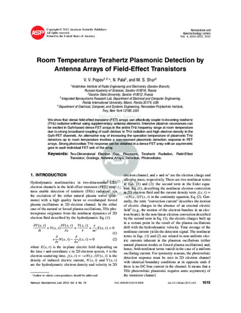 Pdf Room Temperature Terahertz Plasmonic Detection By Antenna Arrays Of Field Effect