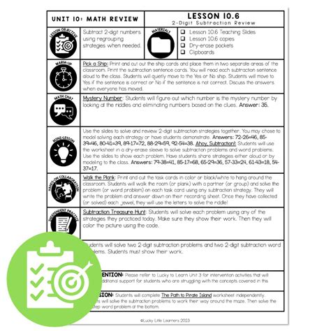 Lucky To Learn Math Lesson 106 2 Digit Subtraction Review Lesson