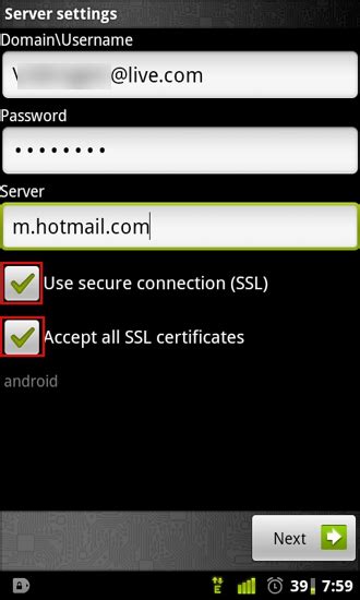 Android Setup Hotmail As Push Email Using Exchange ActiveSync