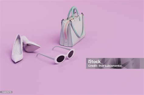 발 뒤꿈치 핸드백 파스텔 배경에 안경을 쓴 흰색 여성 신발 복사 붙여 넣기 공간 복사 3d 렌더링 하이힐에 대한 스톡 사진 및