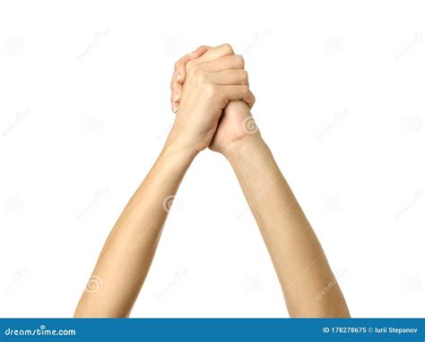 Ingeklemde Handen Handgebaren Van Vrouwen Geïsoleerd Op Wit Stock