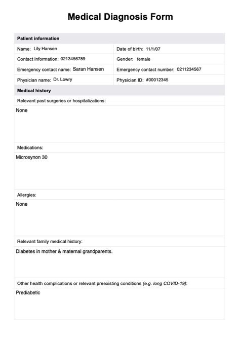 Medical Diagnosis Form And Example Free Pdf Download
