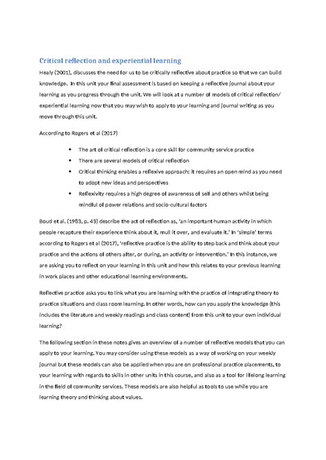 Week 1 Critical Reflection And Experiential Learning Critical Reflection And Experiential