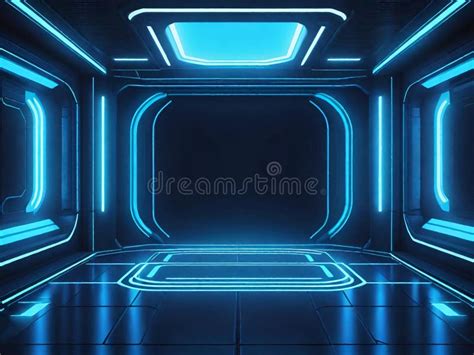 Sci Fi Futuristic Spaceship Interior With Neon Glowing Lines Stock