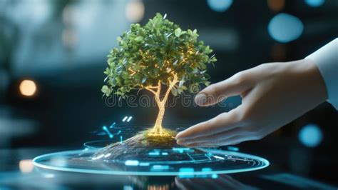 Futuristic Technology Enhancing A Tree With Holographic Display And Human Interaction Stock