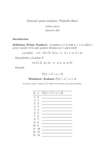 Generate Prime Numbers Printable Sheet Teaching Resources