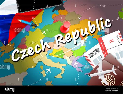 Czech Republic Travel Concept Map Background With Planes Tickets