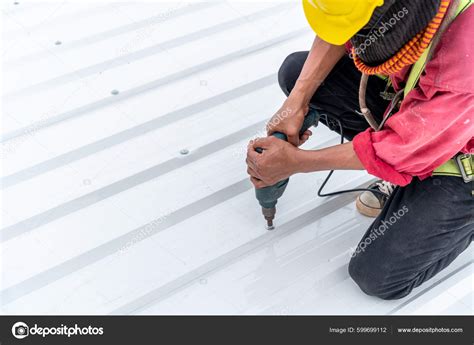 Roofing Tools Construction Worker Install New Roof Electric Drill Used