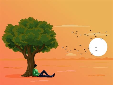 Premium Vector A Man Sitting Under A Tree In The Field Looking At The Sunset With A Yellow Sky