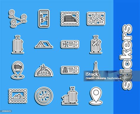 라인 지도 핀 에펠탑 여행 가방 및 스티커 우편 우표 콜로세움 관광 텐트 경로 위치 및 항공권 아이콘을 설정합니다 벡터 가방에 대한 스톡 벡터 아트 및 기타 이미지 Istock