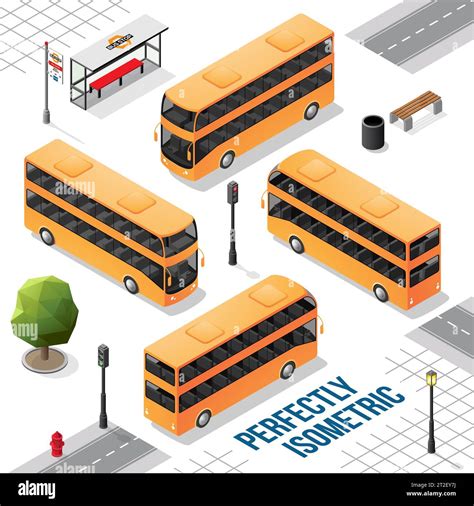 Yellow Double Decker Isometric Bus From The Front Back Right And Left