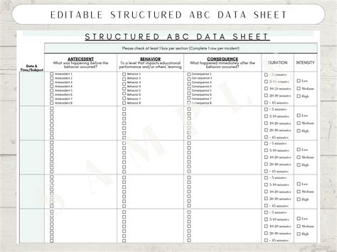 Editable Abc Data Collection Sheets Unstructured And Structured Fba