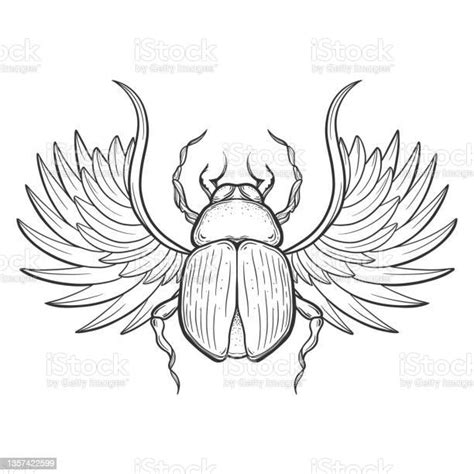 손으로 그린 벡터 일러스트레이션 이집트 컬렉션 날개와 파라오의 상징앙크와 함께 하는 스카라브 딱정벌레 초대 웹 엽서 포스터 섬유 인쇄 등에 적합합니다 로고에 대한 스톡 벡터