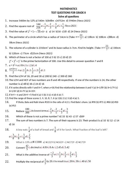Mathematics Exam For Grade 8 First Term Pdf