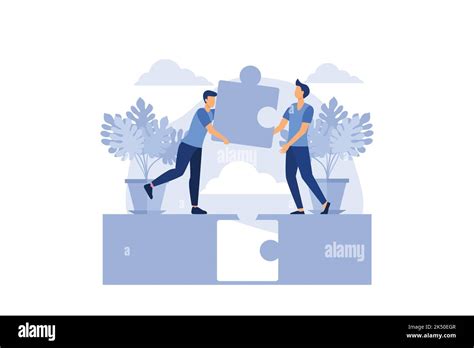 Two Businessmen Connecting Puzzle Elements Vector Illustration Flat