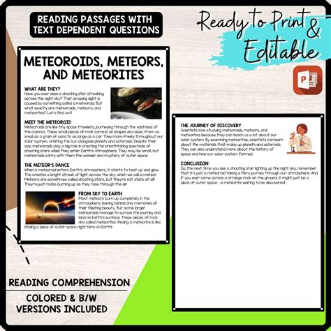 Meteoroids Meteors And Meteorites Reading Comprehension Worksheet